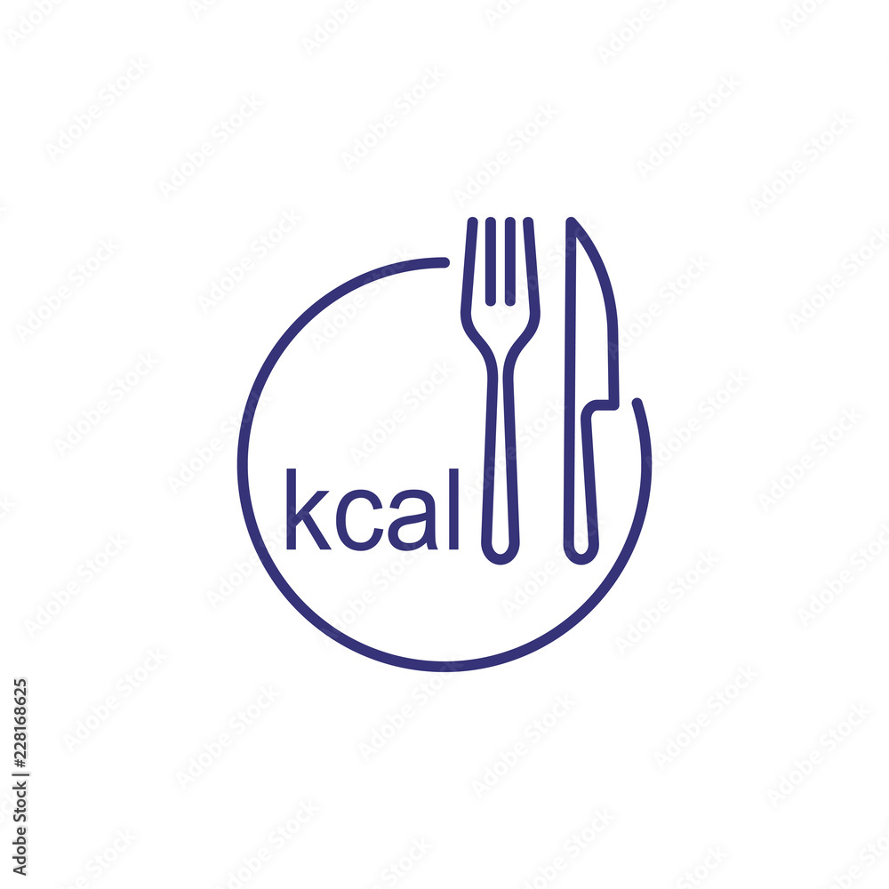 Kcal line icon. Fork, knife and plate drawing with kcal inscription ...