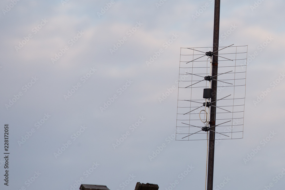 Yagi DVBT tv reception antenna installed on the wall. Broadband signal ...