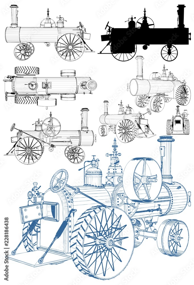 Old Retro Steam Tractor Engine Isolated Illustration On White ...