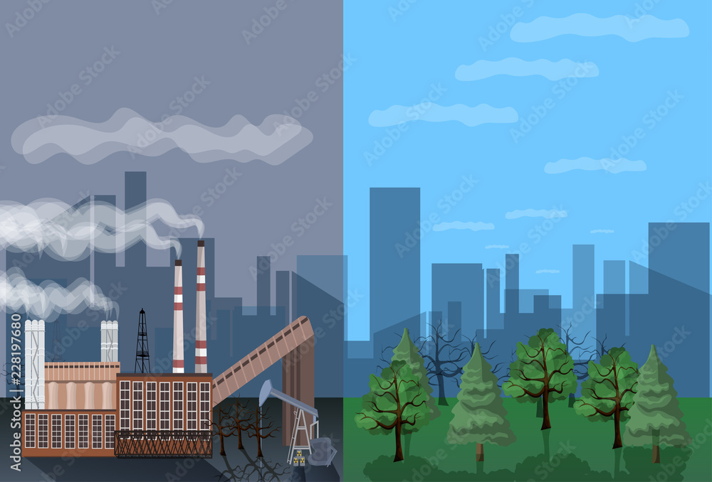 Factory building nature pollution plant pipe waste. environment two ...