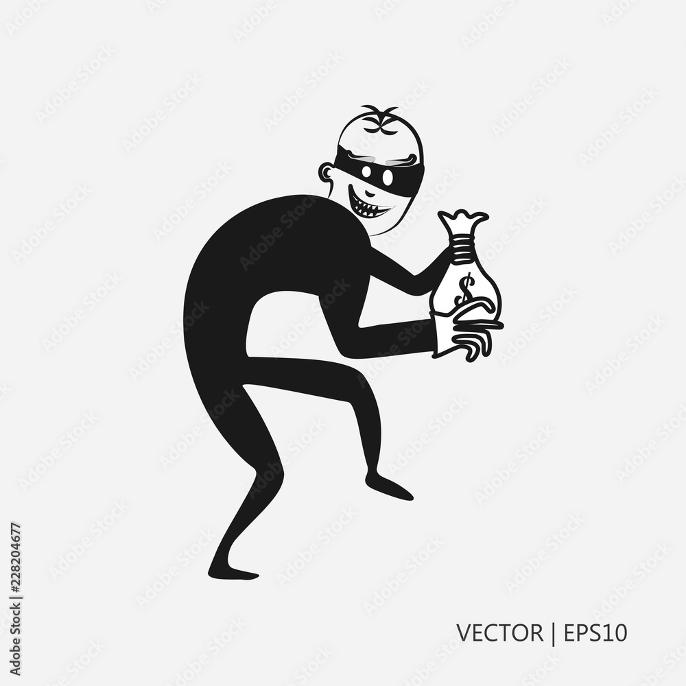 Vector illustration. A thief carrying a bag of money. Burglar. Bank ...