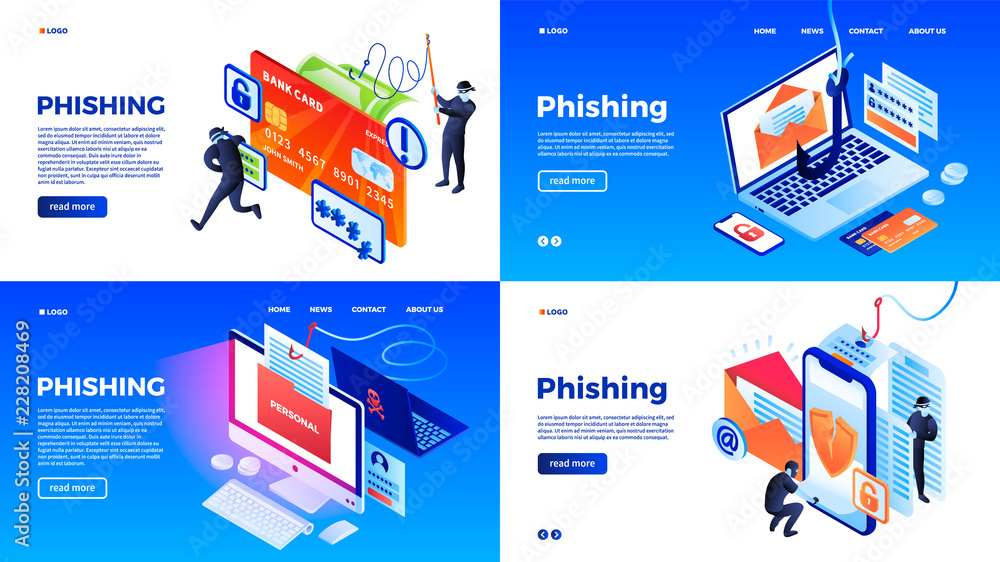 Phishing banner set. Isometric set of phishing vector banner for web ...