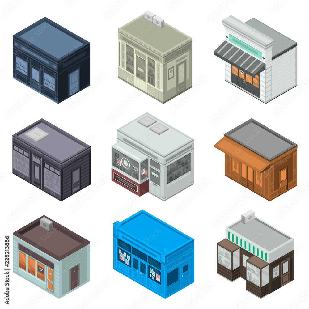 Store facade icon set. Isometric set of store facade vector icons for ...