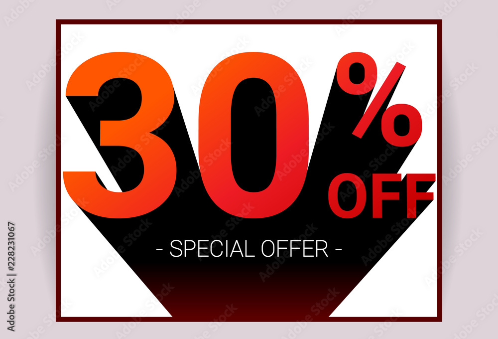 30% OFF Sale. Red color 3D text and black shadow on white background ...