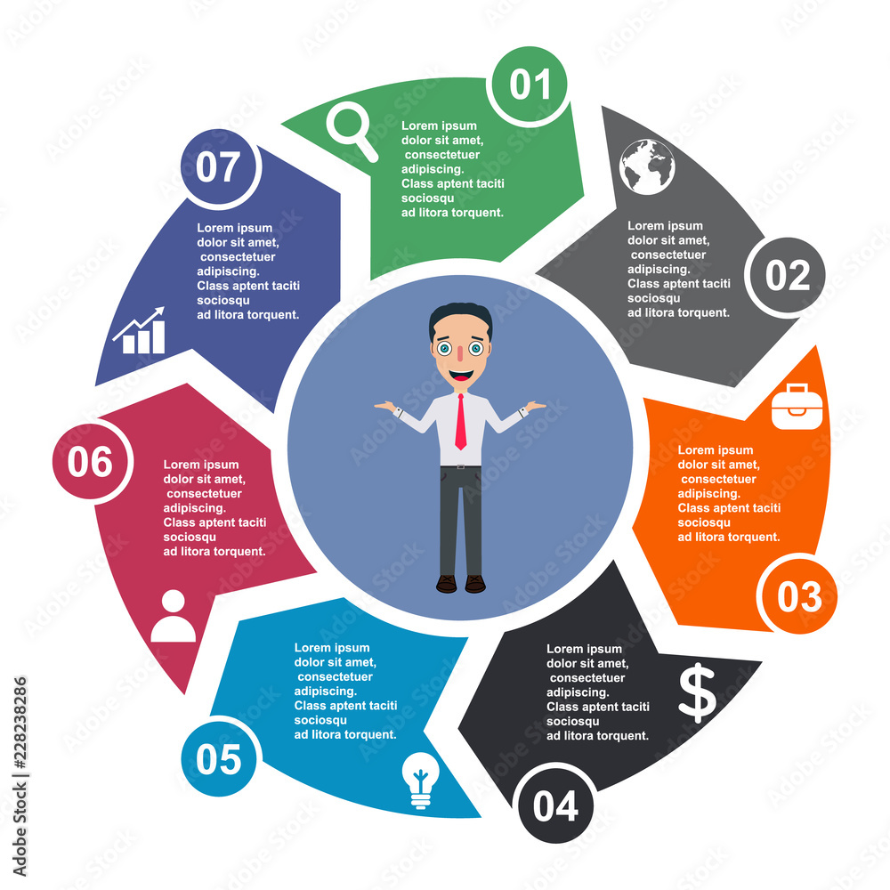 7 step vector element in seven colors with labels, infographic diagram ...