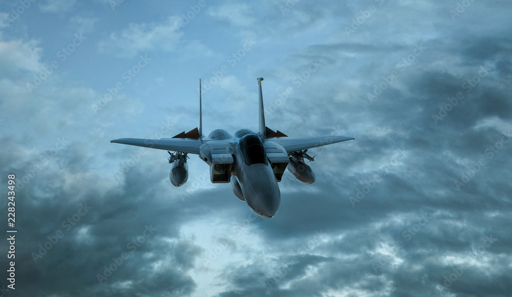 Armed military fighter jet in flight on the cloudly sky background - 3d ...
