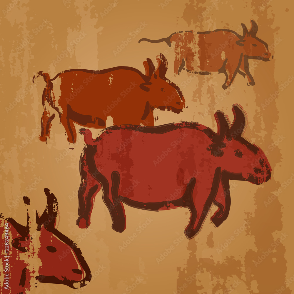 Vector Cave Drawing Illustration - Herd of Cows. Primitive Arts. Stock ...