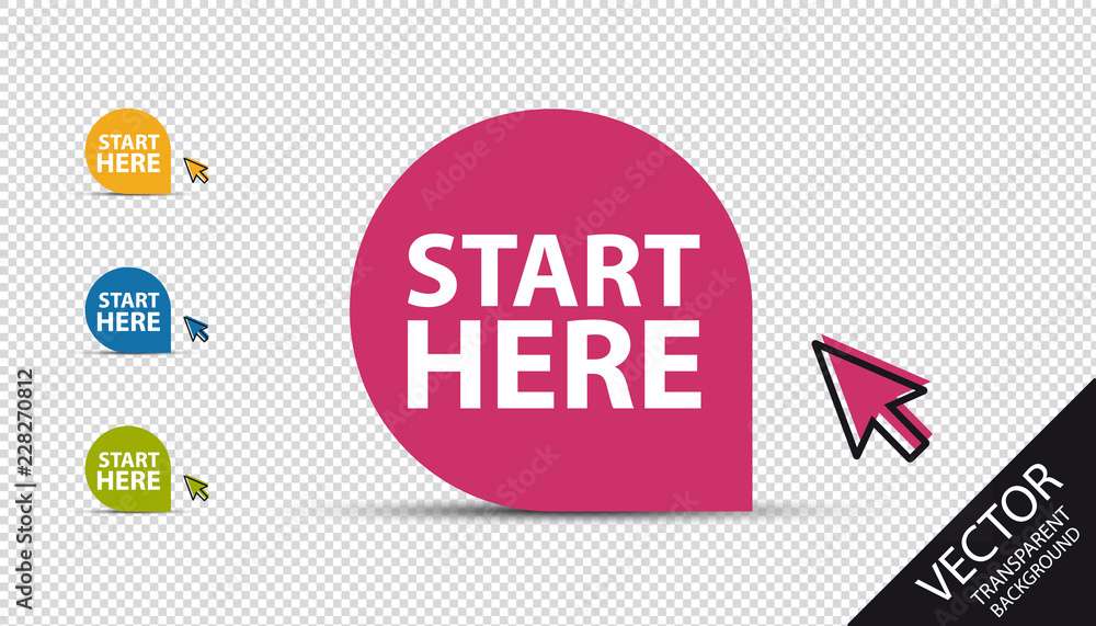 Start Here Button - Colorful Vector Illustration With Mouse Arrow ...