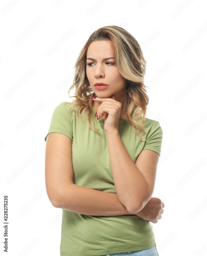 Portrait of confused young woman on white background Stock Photo ...