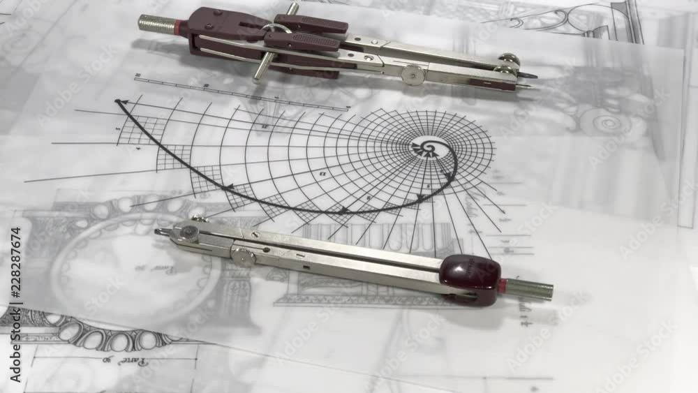 Blueprints - drawing of the golden section, compasses and drawings of ...