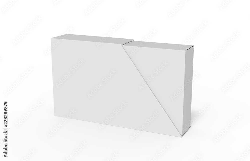 Blank box and slide trapezoid cover on isolated white background, mock ...