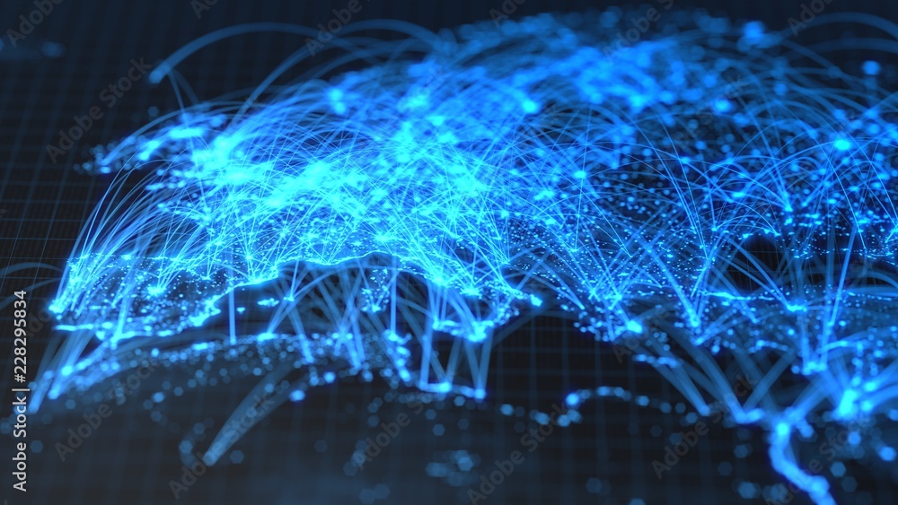 glowing city and human population density areas with bouncy line ...