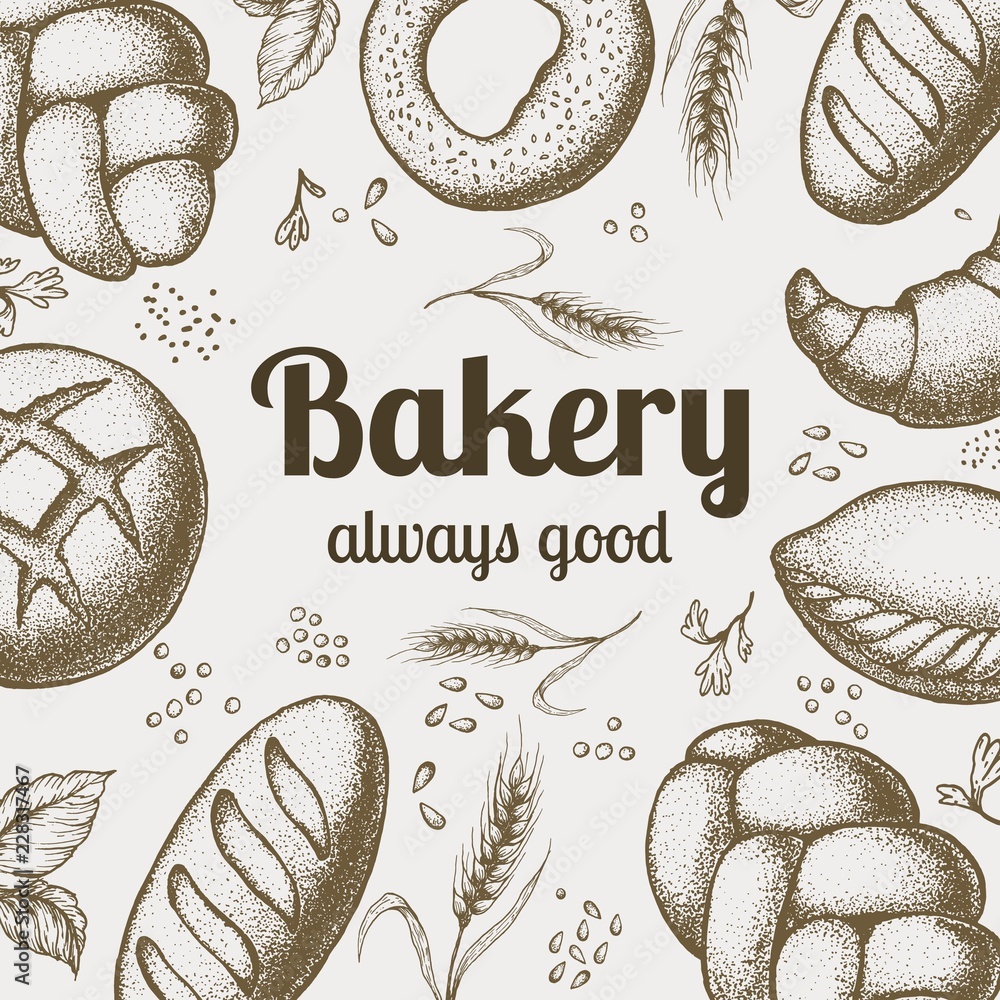 Bakery background. Linear graphic. Bread and pastry collection. Bread ...
