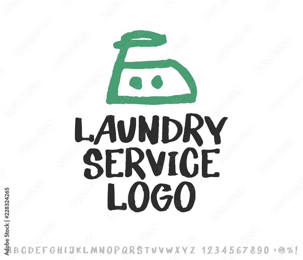Laundry logo emblem and hand drawn typeface set isolated on white. Iron ...