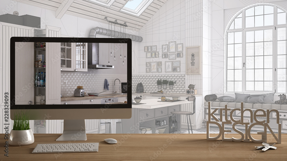 Architect designer project concept, wooden table with house keys, 3D ...