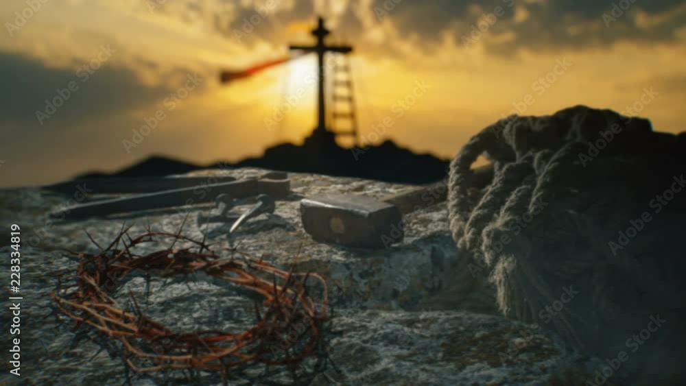 Crucifixion of Jesus Christ. Crown of thorns with nails, hammer, pliers ...
