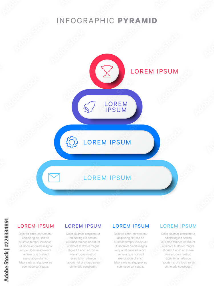 colorful infographic pyramid with four levels, 3d elements with shadows ...