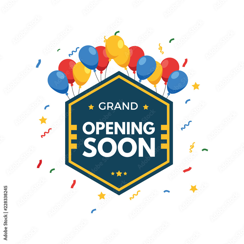 Opening soon background with confetti and colorful balloons Stock ...