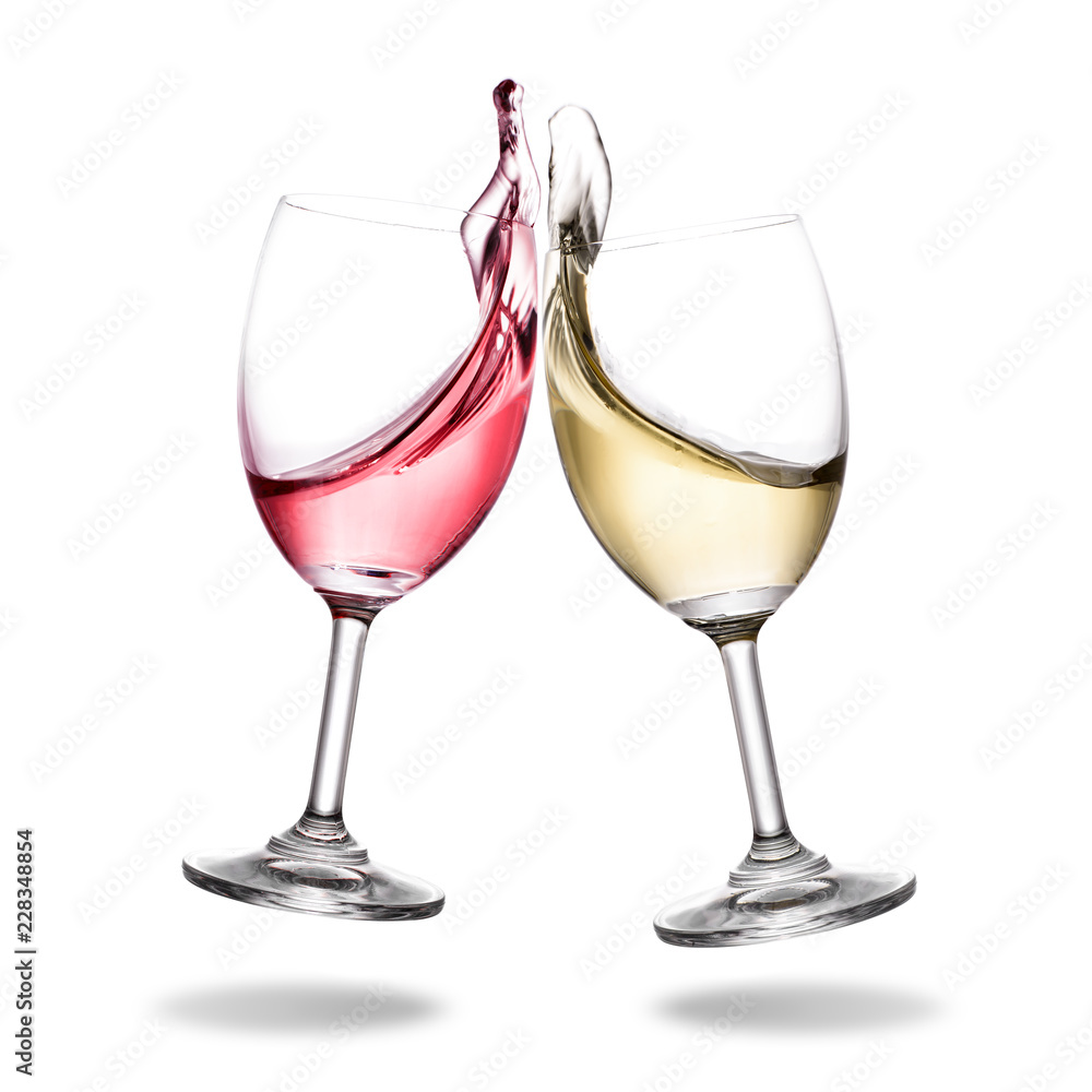 Cheering wine with splashing out of glass isolated on white background ...