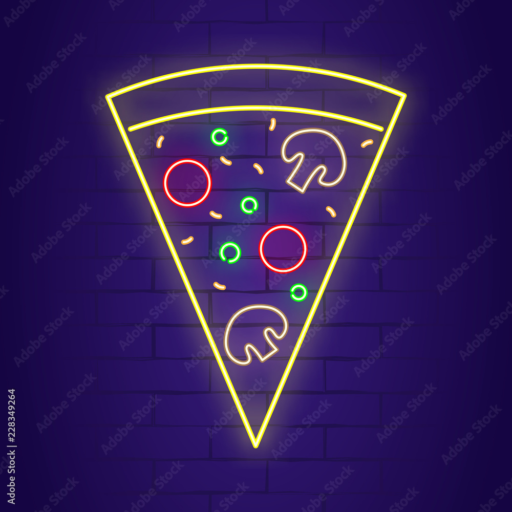 Pizza neon sign on brick wall background. Light banner. Vector ...