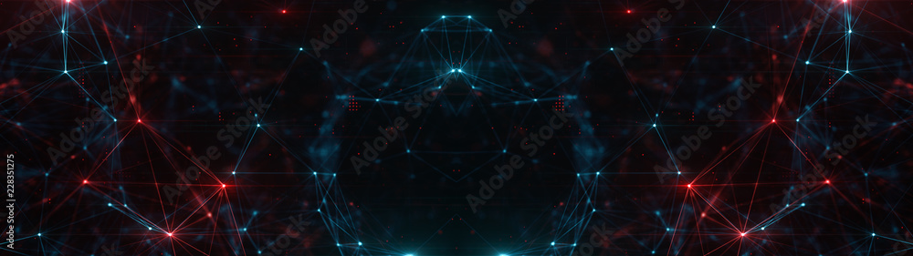 Abstract ultra wide plexus structure of many glowing lines and particles. Orange blurred ...