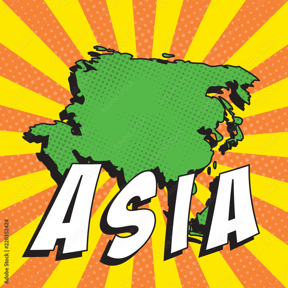 map of asia in retro comic style on background with halftone dots and ...