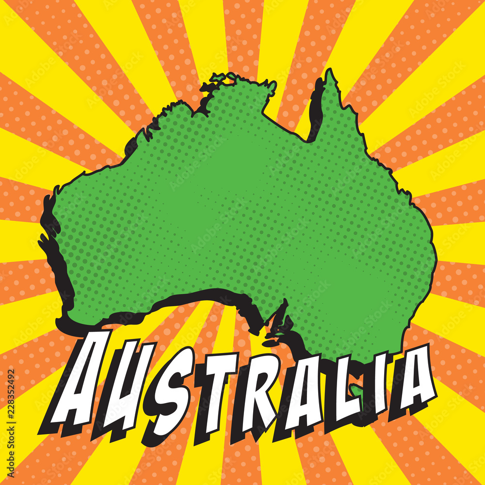 map of australia in retro comic style on background with halftone dots ...