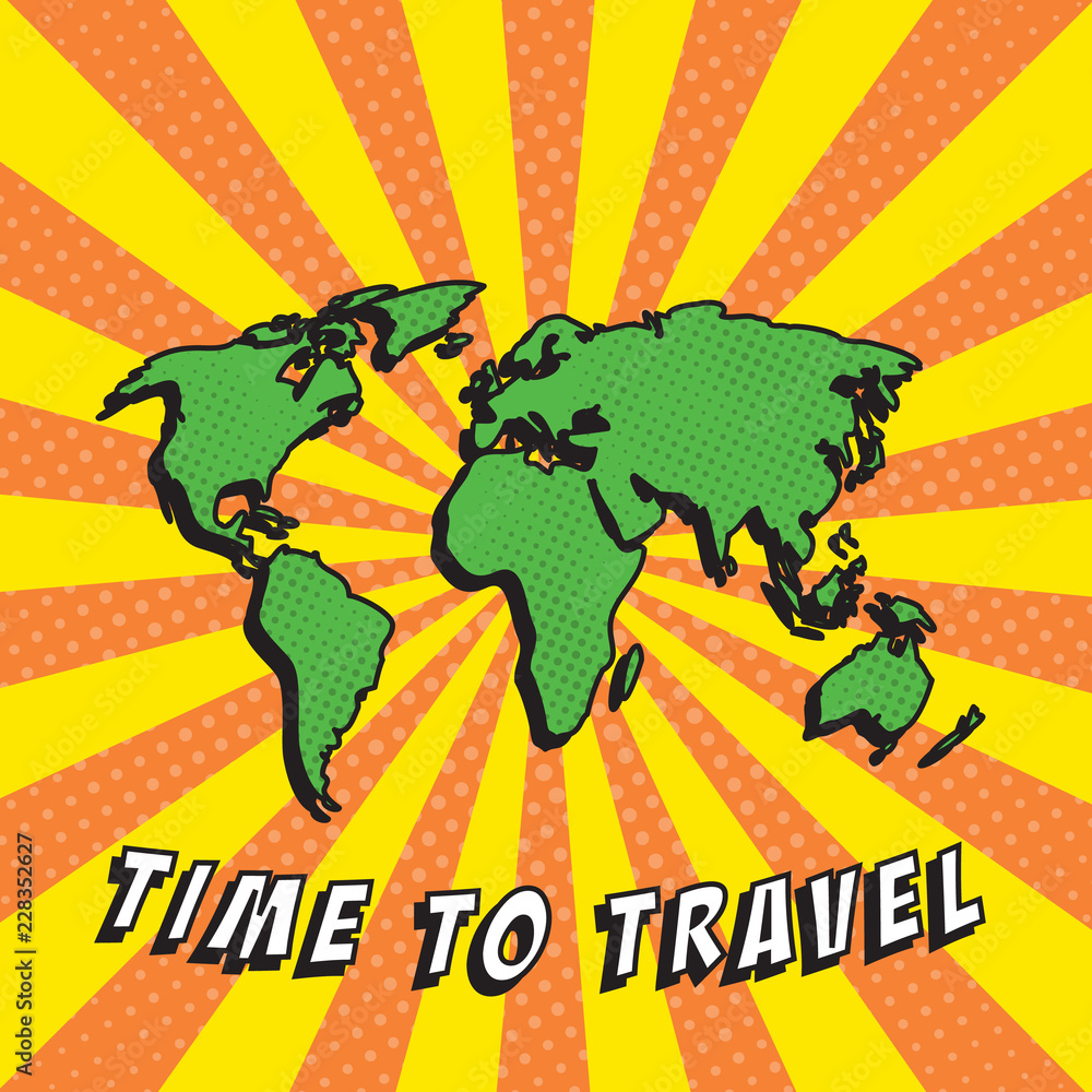 world map in retro comic style on background with halftone dots and ...