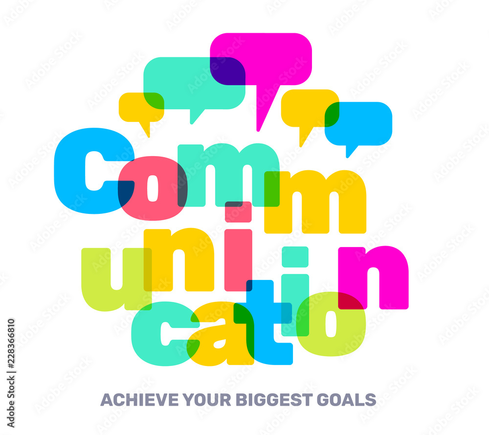 Vector illustration of multicolor communication business word lettering ...