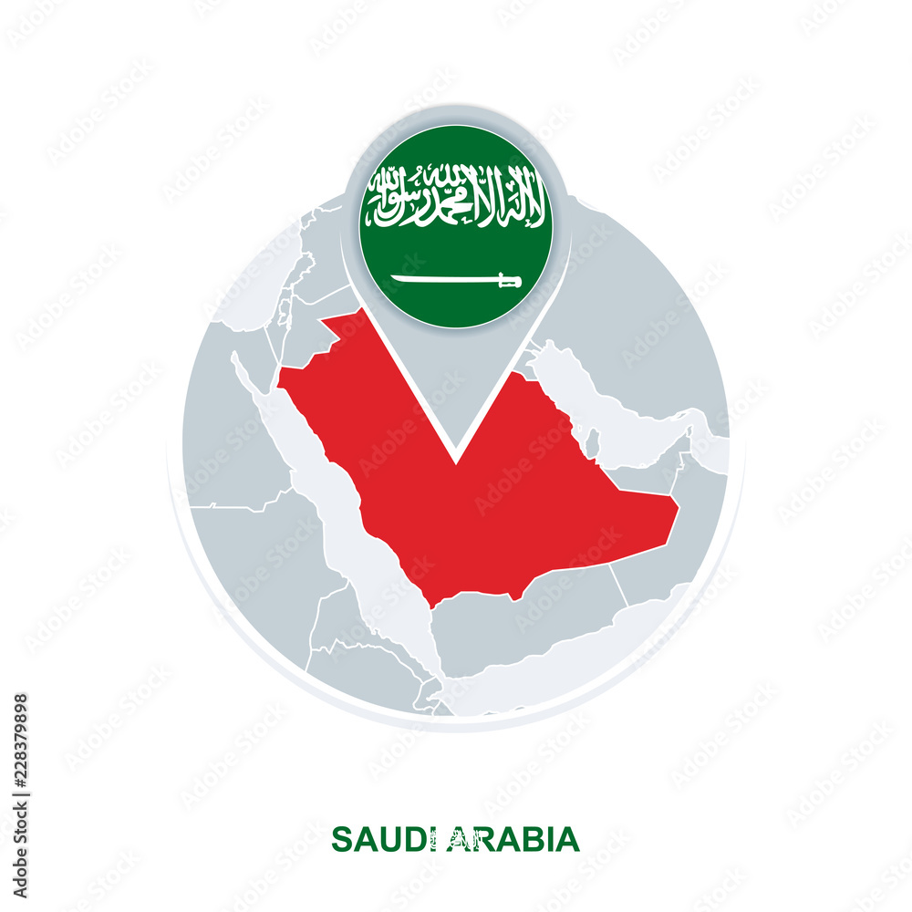 Saudi Arabia map and flag, vector map icon with highlighted Saudi ...