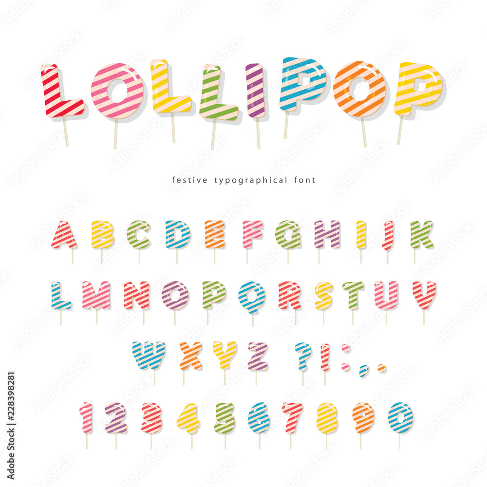 Lollipop candy glossy font design. Colorful ABC letters and numbers ...