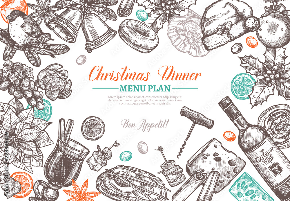 Merry Christmas happy holiday dinner menu plan. Horizontal festive ...