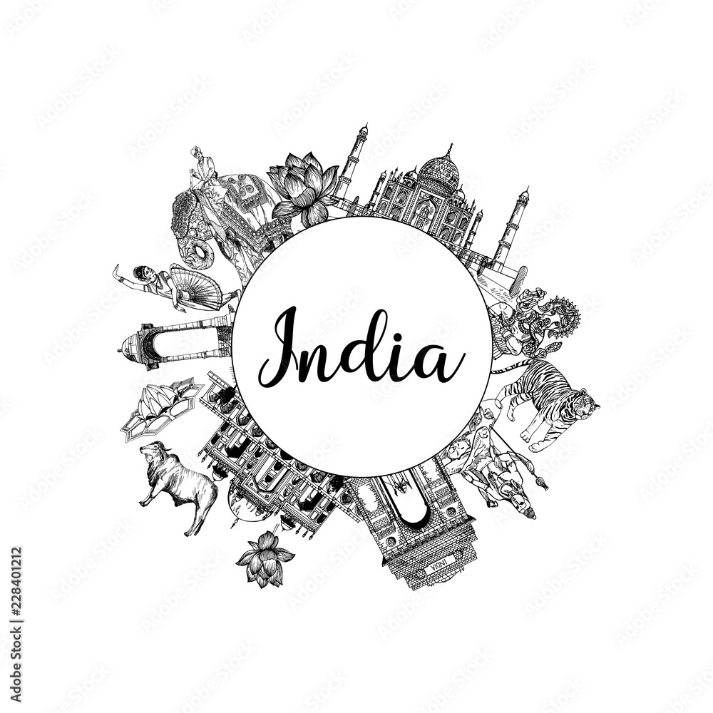Hand drawn sketch style India themed objects. Vector illustration ...