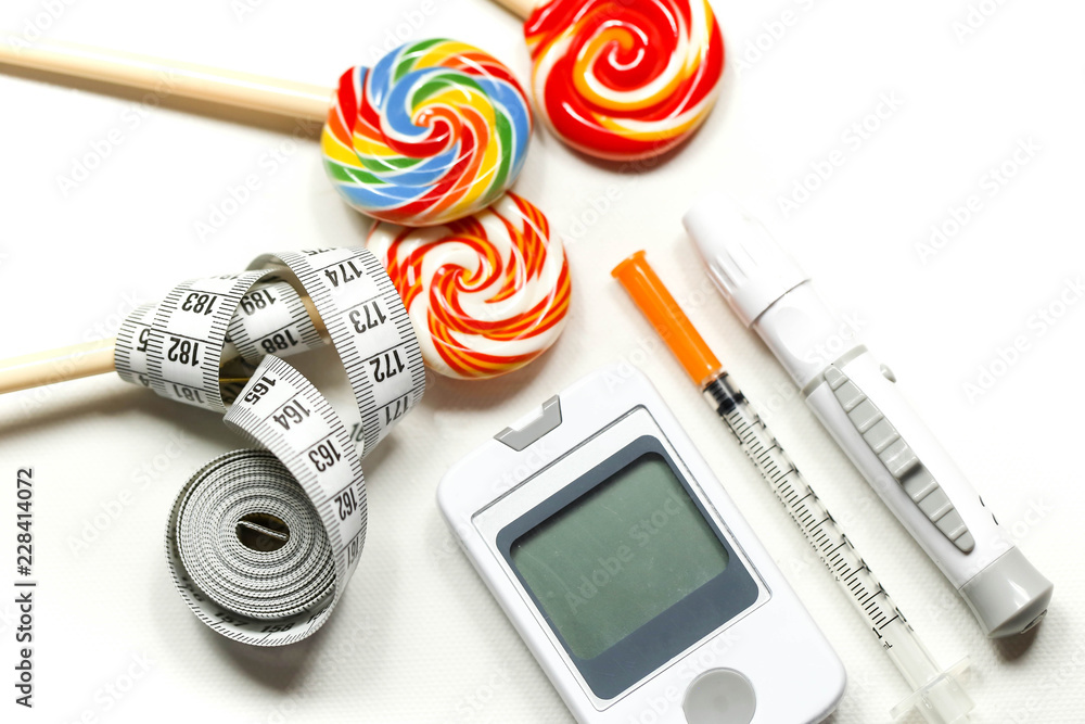 Sweet candy with Insulin syringe,lancet,test strip,glucose meter and ...