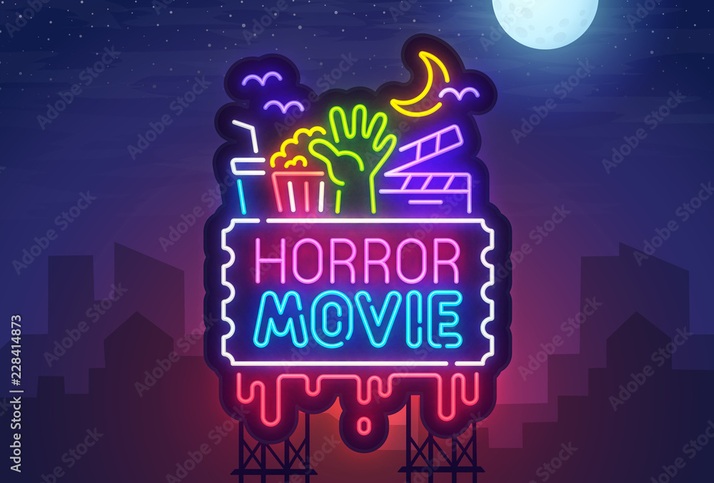 Night city. Sign neon. Night Cinema. Horror Movie. Cinema 3D banner ...