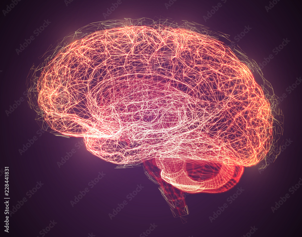 Vector illustration, three-dimensional brain on a dark background Stock ...