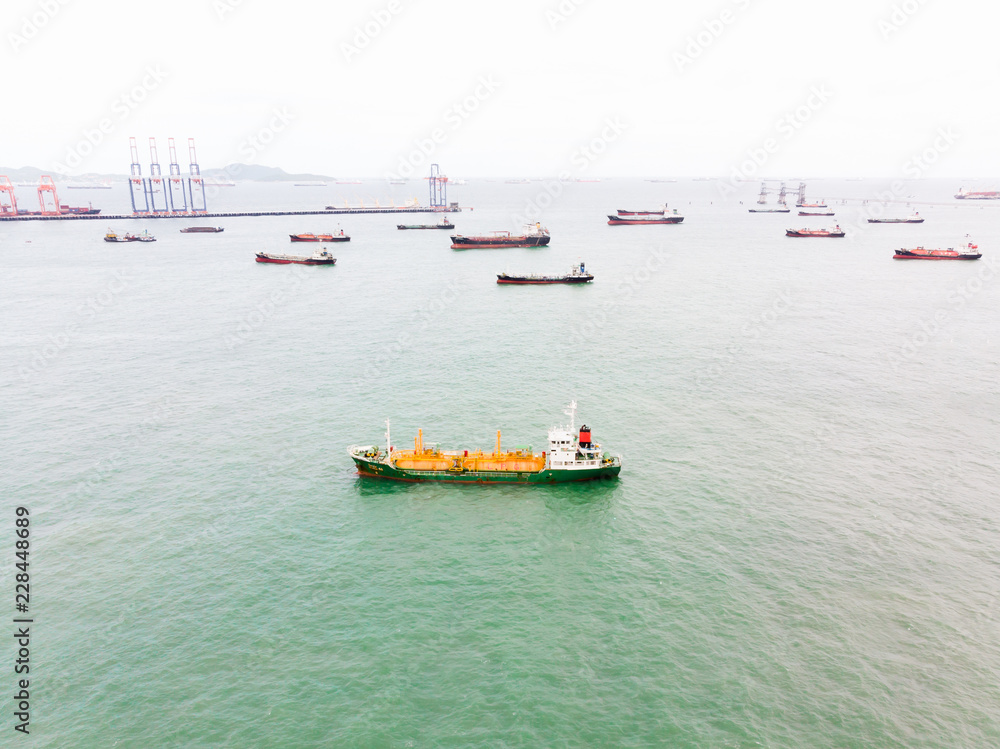Aerial view of sea freight, Green,yellow oil tanker ship, Lpg, Cng at ...
