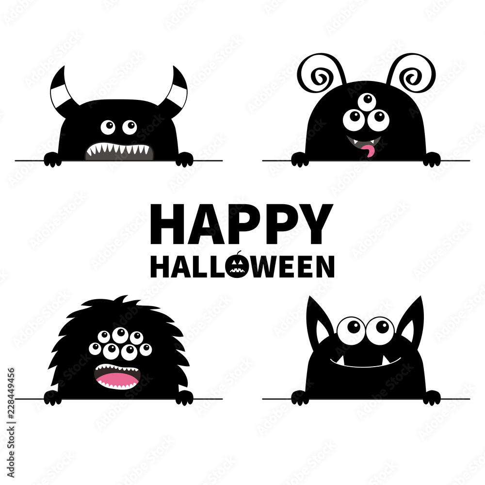 Happy Halloween. Monster scary face head icon set. Hands paw holding ...