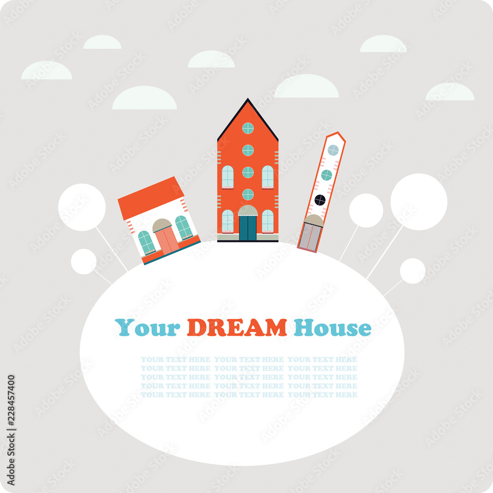 Small town background, postcard,banner design template. House buildings ...