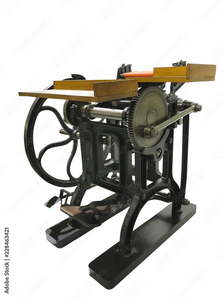 Vintage old letterpress printing manual machine isolated on white ...