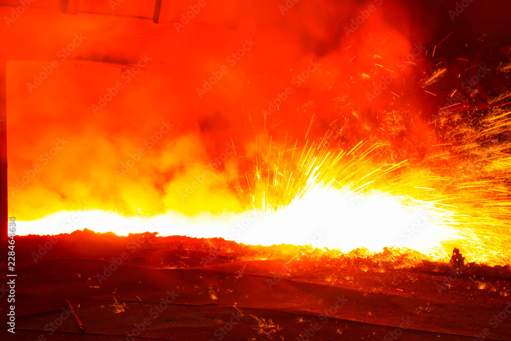iron works blast furnace taphole spewing molten iron Stock Photo ...