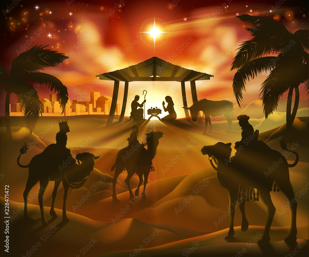 Christmas nativity scene, baby Jesus, Mary and Joseph in manger ...