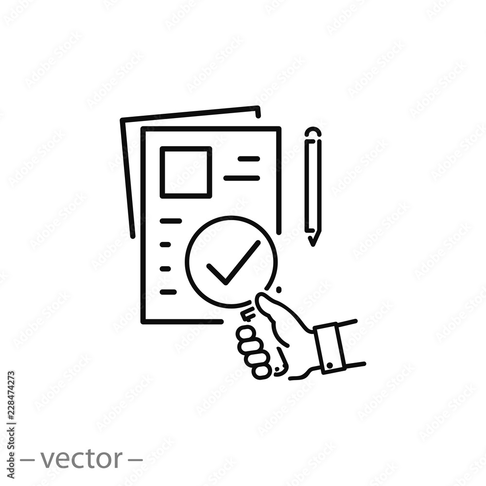verification of documents icon, analysis of report linear sign isolated ...