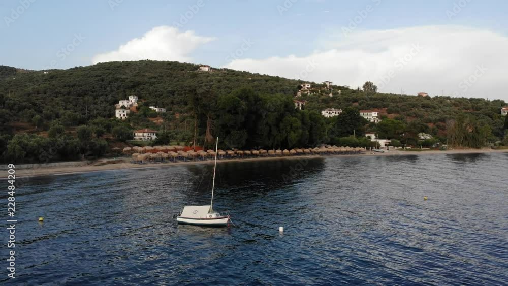 Flight over the village Afissos, Volos region, Strait of Trikeri, Greek ...