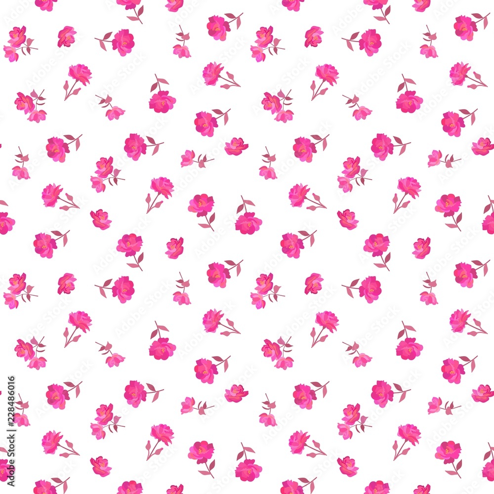 Tiny pink rose flowers isolated on white background. Seamless ditsy ...