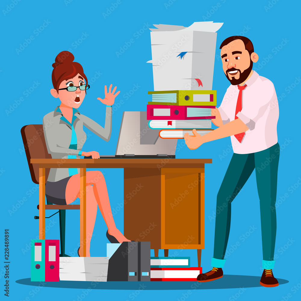 Boss Puts A Stack Of Documents To Stressfull Employee With Full Table ...
