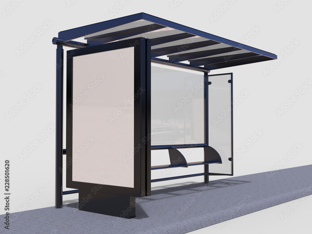 Blank white mock up of vertical light box in a bus stop. 3d render ...