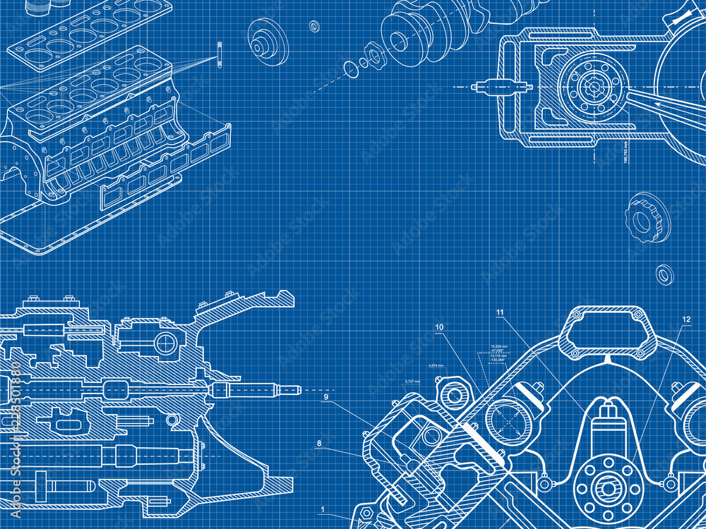 Technical blue background with drawings of details and mechanisms ...
