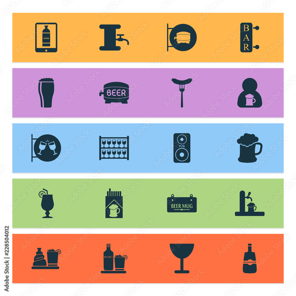 Beverages icons set with bar, tavern, tap and other whiskey with ice ...