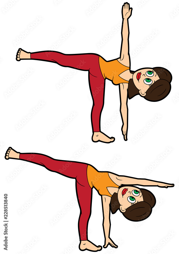 Yoga asana set half moon pose/ Illustration cartoon girl doing ardha ...